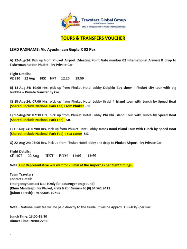 Phuket Tours & Transfers Itinerary | PDF