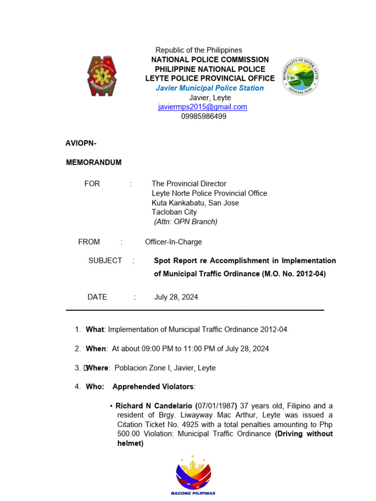 Javier Traffic Ordinance Violation Report | PDF | Philippines
