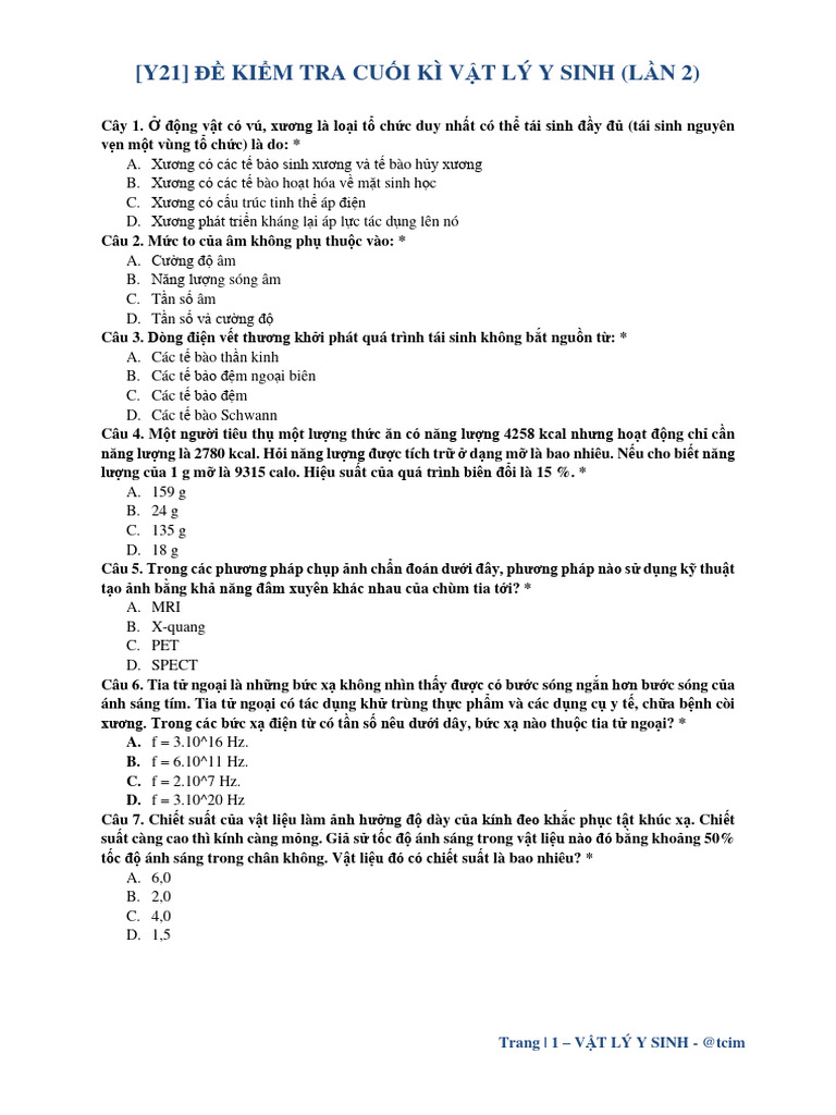 Y21 ĐỀ KIỂM TRA CUỐI KÌ VẬT LÝ Y SINH LẦN 2 | PDF