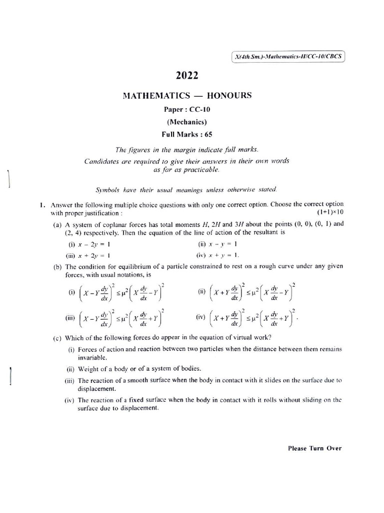 CU-2022 B.Sc. (Honours) Mathematics Semester-4 Paper-CC-10 QP | PDF | Force | Acceleration