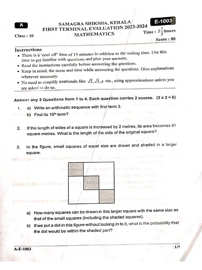 SSLC First Term Exam 2023 Question Paper - MATHS EM | PDF