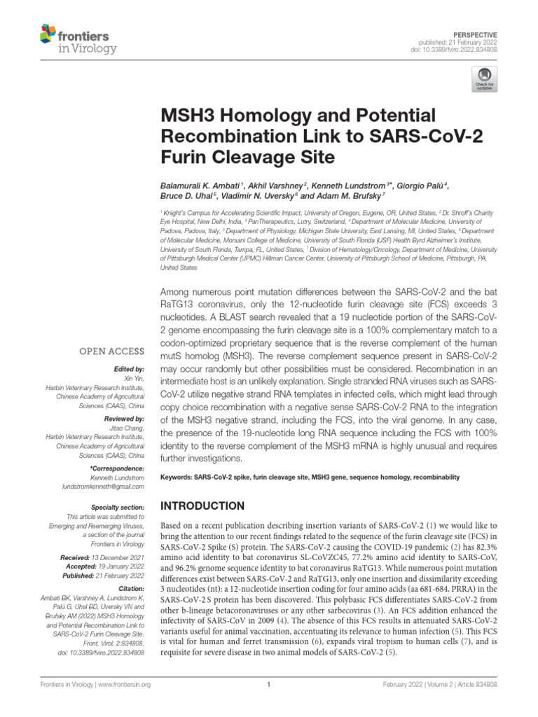 MSH3 Homology and Potential Recombination Link To SARS-CoV-2 Furin ...