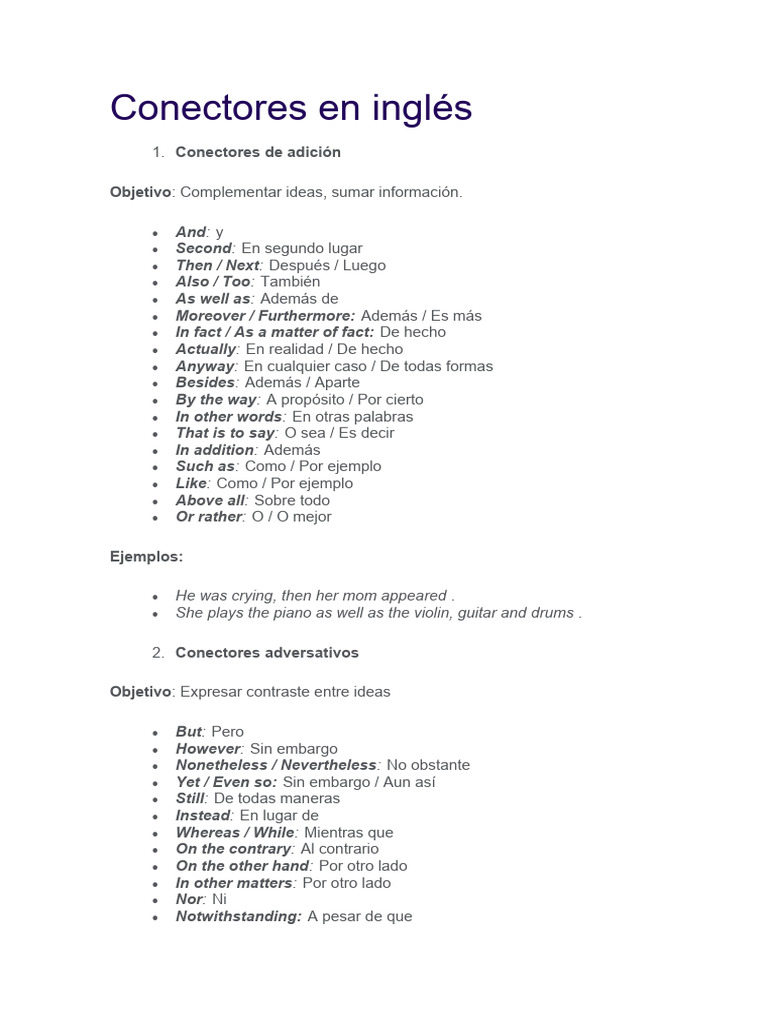 Conectores de adición en inglés | PDF | Crecimiento personal y ...