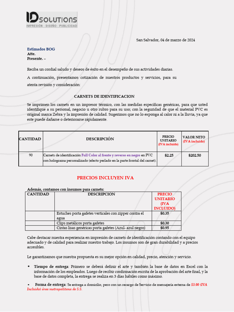 Cotización de Carnets de Identificación | PDF | Tarjeta de débito ...