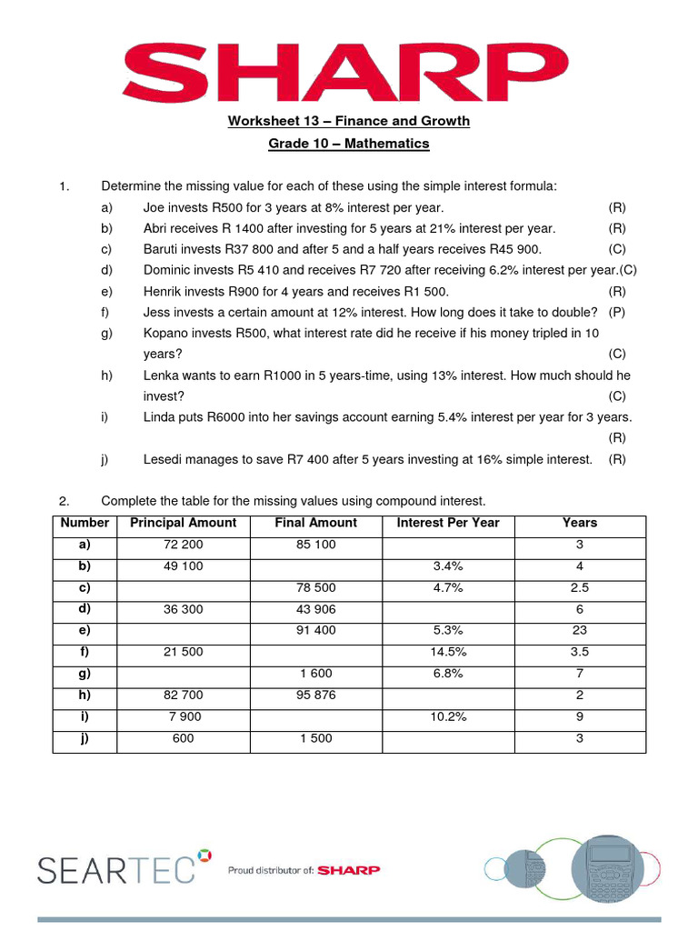 Grade 10 Finance and Growth Worksheet | PDF | Interest | Gasoline