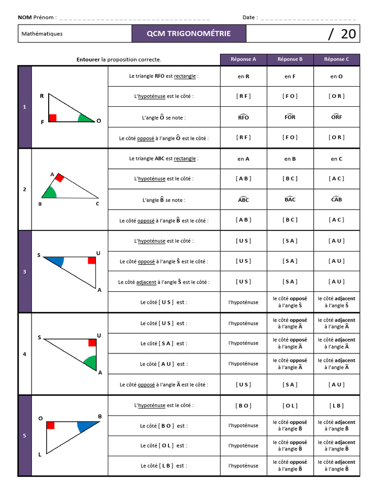 QCM Trigonométrie 2023 | PDF | Fonction trigonométrique | Géométrie