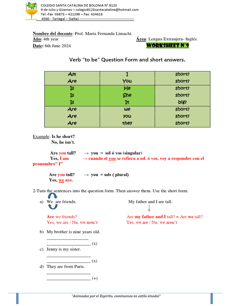 4th Year Worksheet N°9 2024 - Verb To Be Question Form | PDF ...