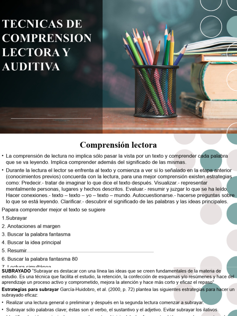 Tecnicas de Comprension Lectora y Auditiva | PDF | Comprensión lectora | Cognición