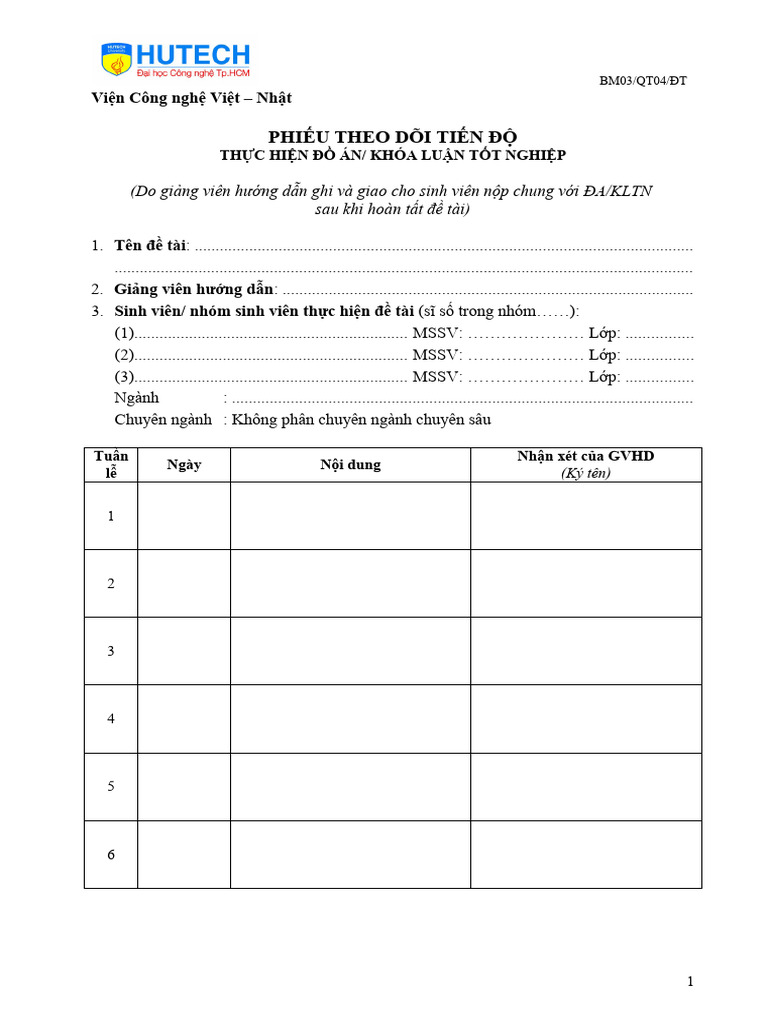 BM03 - QT04 - ĐT - Phieu Theo Doi Tien Do | PDF