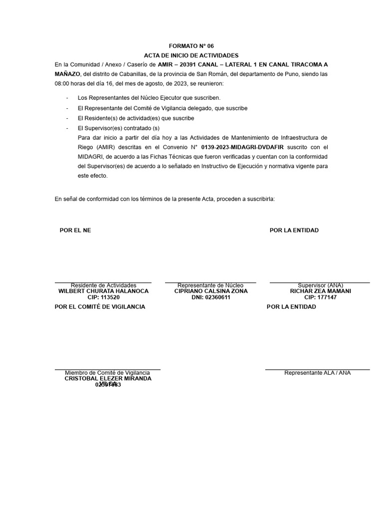 Formato N 06 - Acta de Inicio Por Amir | PDF