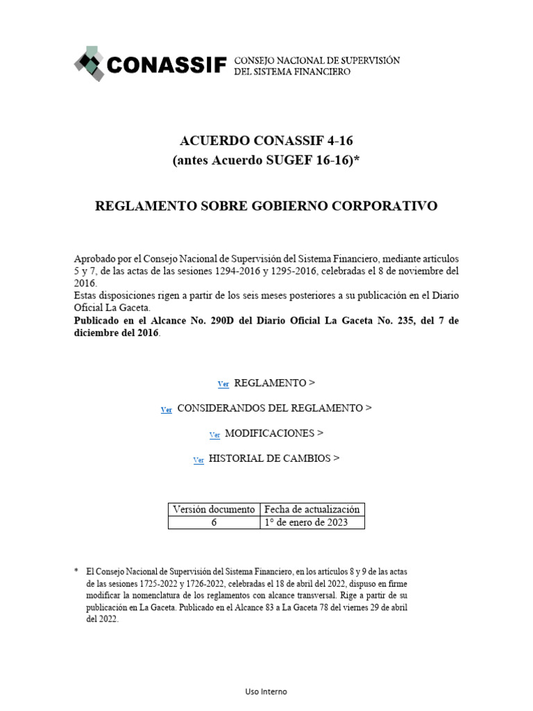 CONASSIF-4-16 Reglamento Gobierno Corporativo - 1.1.2023 | PDF | Seguro ...