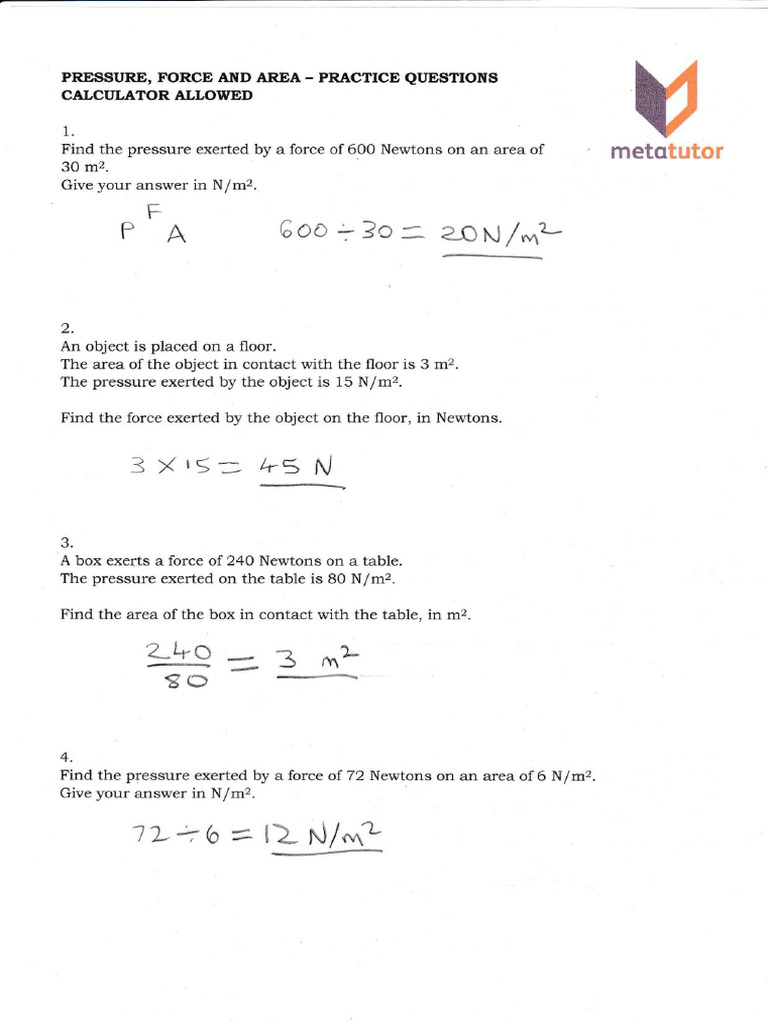 Pressure Force Area Solutions | PDF | Physics | Dynamics (Mechanics)