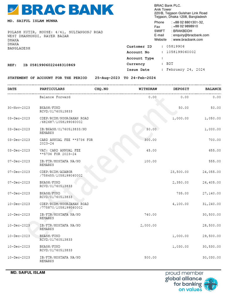BRAC Bank Statement 24022024 | PDF | Banking | Private Sector