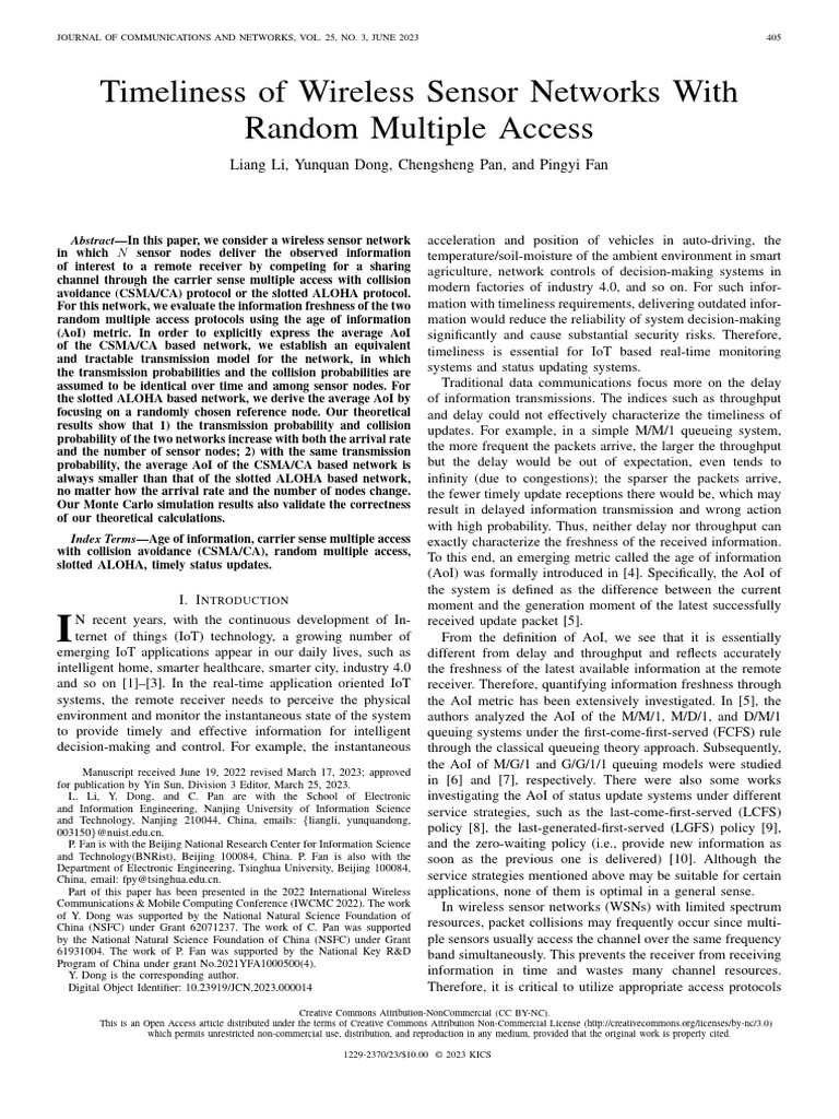 Timeliness of Wireless Sensor Networks With Random Multiple Access | PDF | Channel Access Method ...