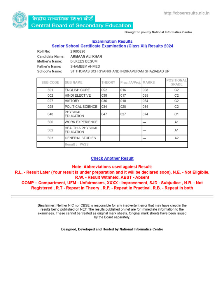 CBSE - Senior School Certificate Examination (Class XII) Results 2024 ...