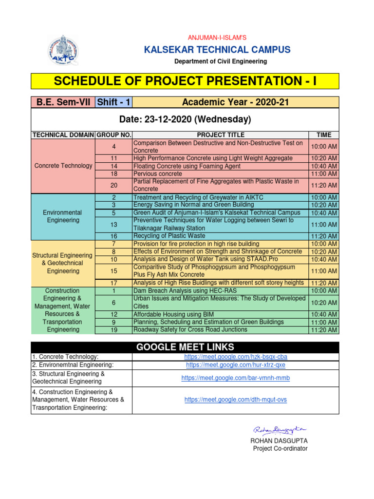 Schedule - Project Presentation 1 Sem-Vii (2020 Be Ce 1) - Revised | PDF | Concrete | Green Building