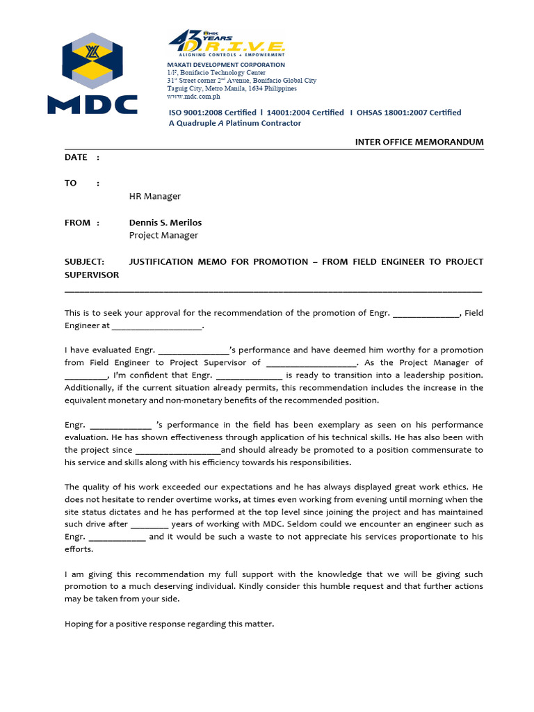 Promotion Justification Memo for Engineer | PDF | Business | Technology ...