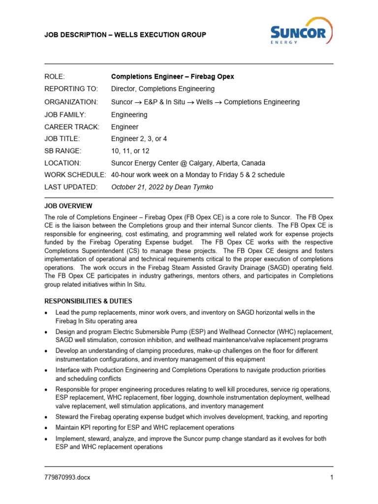 Suncor Job Description - Completions Engineer - Firebag Opex | PDF