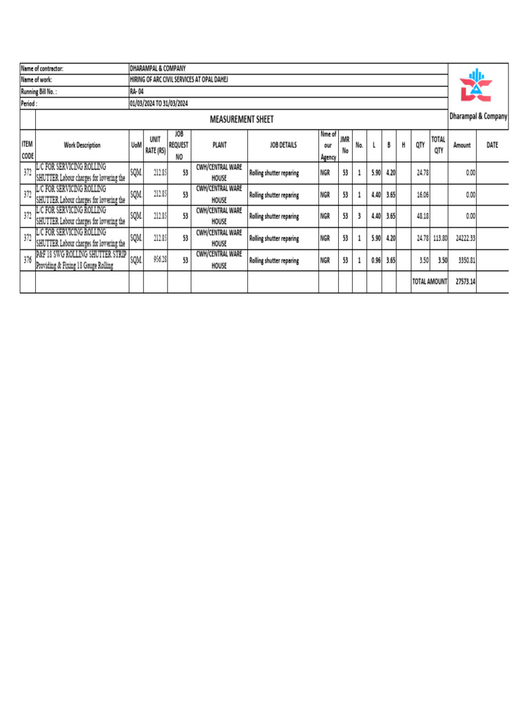 RA-BILL-04 March-24 Rolling Shutter Bill | PDF