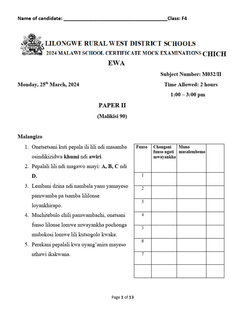 2024 LLRW MSCE Chichewa PP2 Edited | PDF | Cholera | Medicine