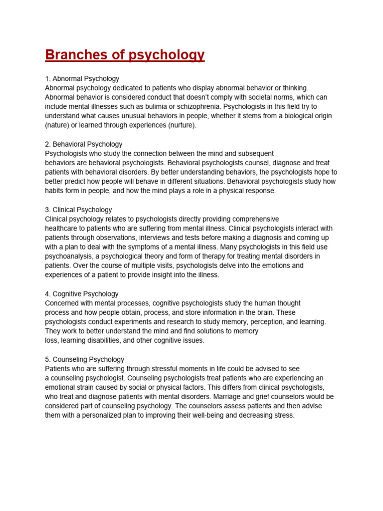 Branches of Psychology | PDF | Psychology | Psychotherapy
