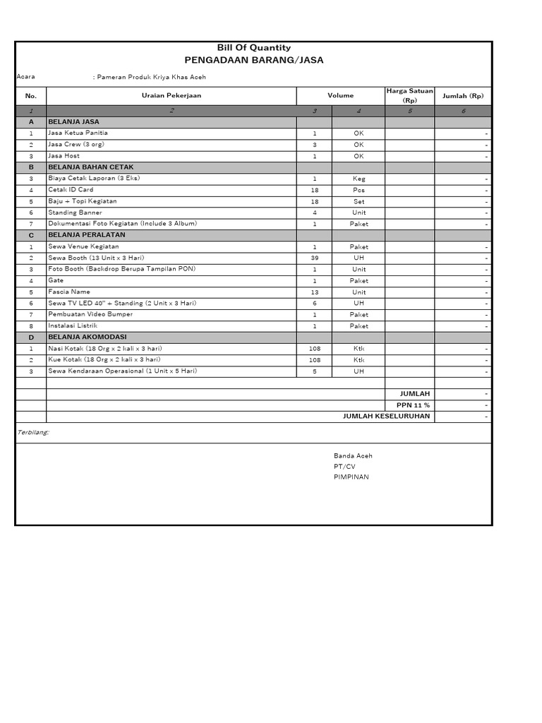 Pengadaan Barang/Jasa Bill of Quantity: No. Harga Satuan (RP) Jumlah ...