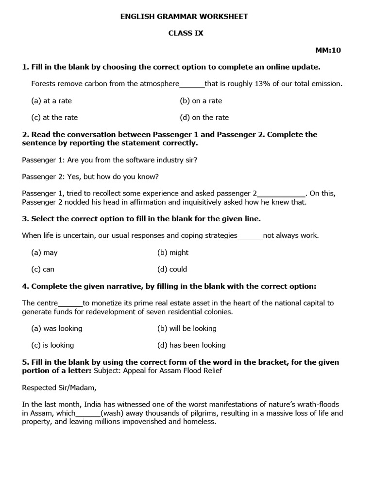 English Grammar Worksheet | PDF | Language Arts & Discipline | Foreign Language Studies