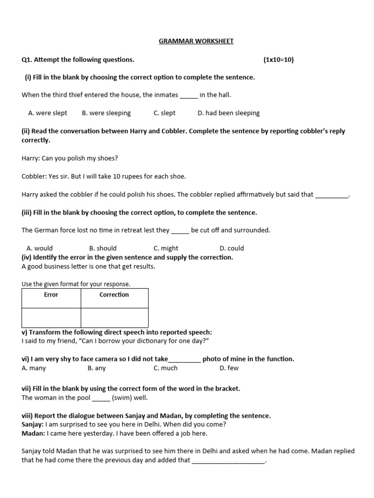 Grammar Worksheet Class 9 | PDF | Human Communication | Linguistics