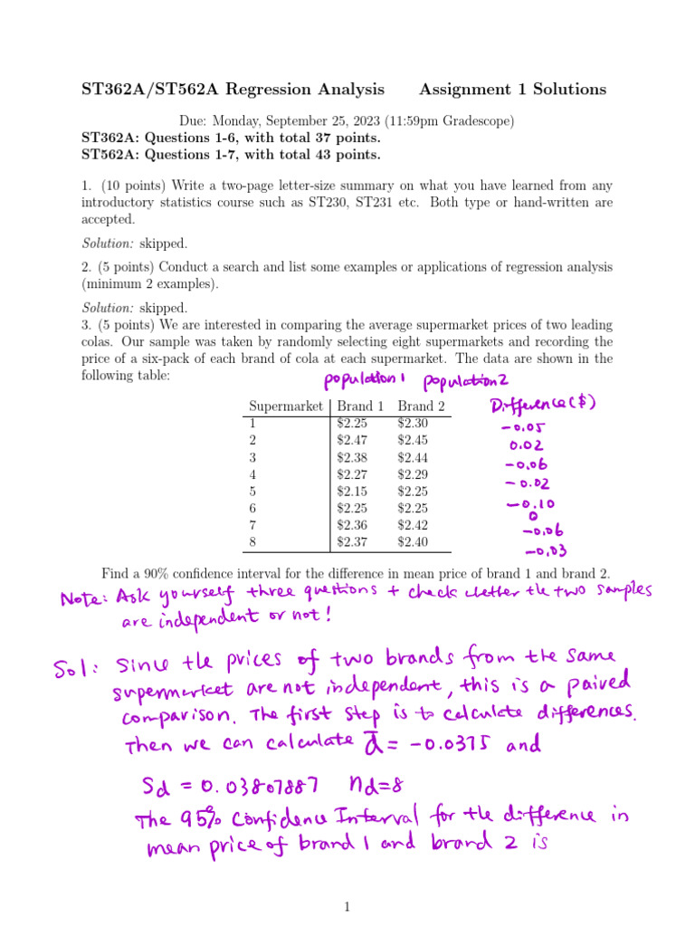 Sol ST362A-MA562A Assignment1 F23 | PDF | Errors And Residuals | Regression Analysis