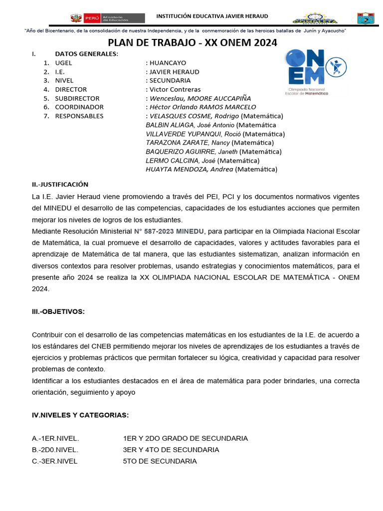 Plan de Trabajo Onem 2024 | PDF | Aprendizaje