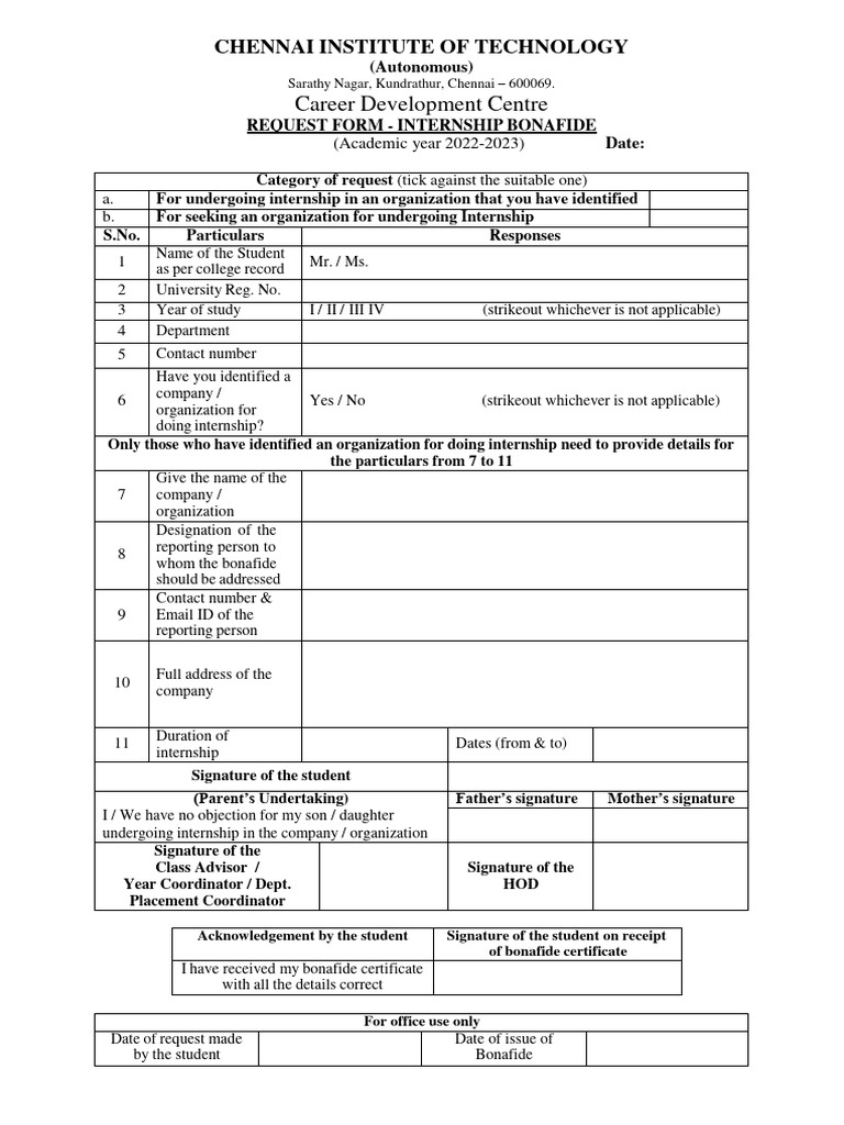 Request Form Internship Bonafide Pdf