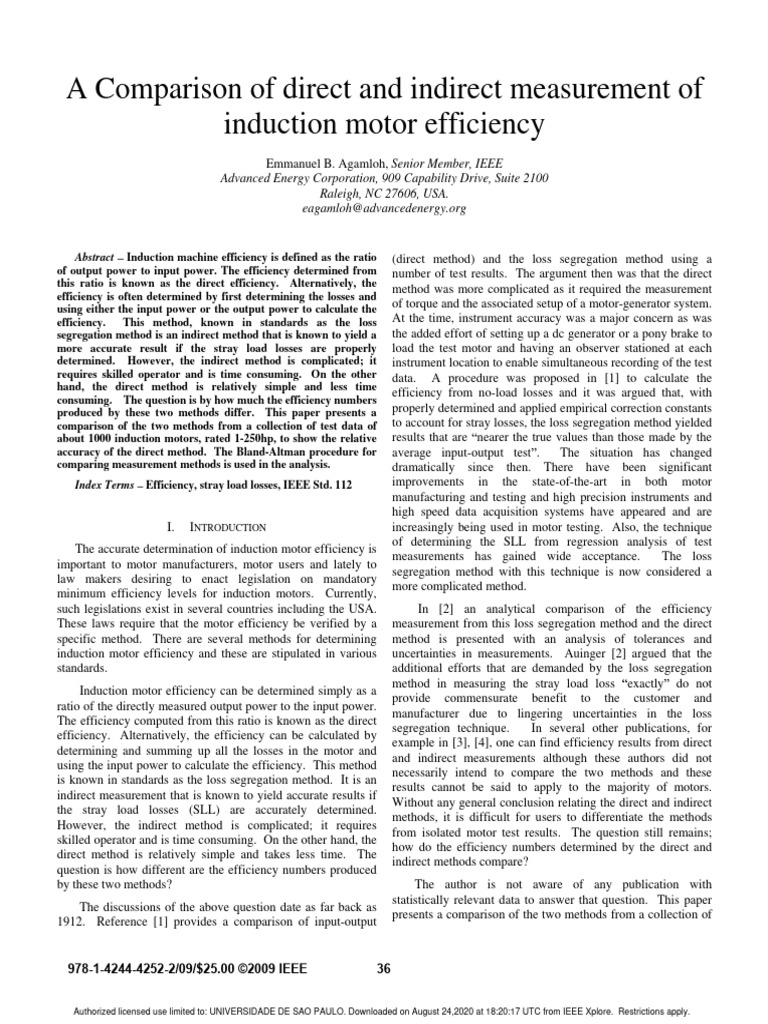 2009 A Comparison Of Direct And Indirect Measurement Of Induction Motor Efficiency Pdf