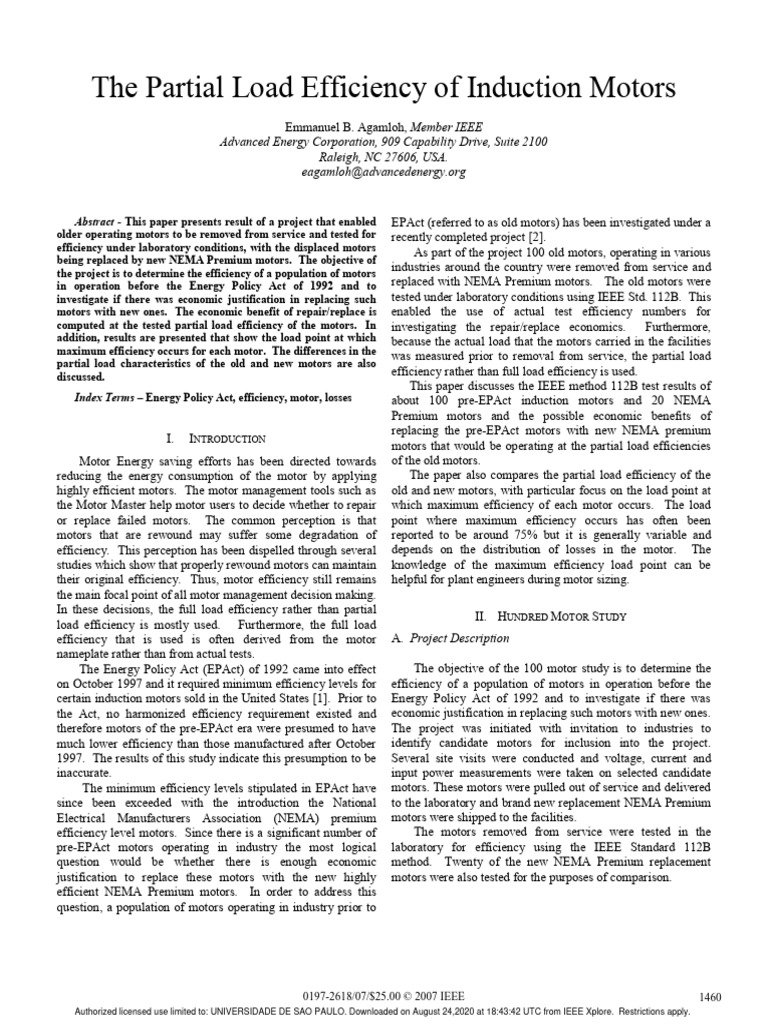 2009 - The Partial Load Efficiency of Induction Motors | PDF | Electric ...