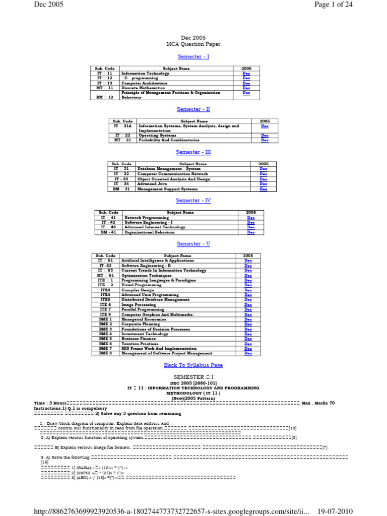 MCA 2005 Question Papers | PDF | Computer Programming | Probability Distribution