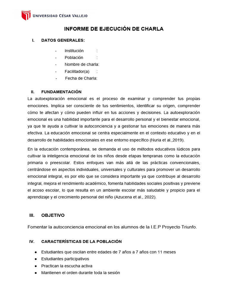 Informe de Ejecución de Charla | PDF | Las emociones | Educación de la primera infancia