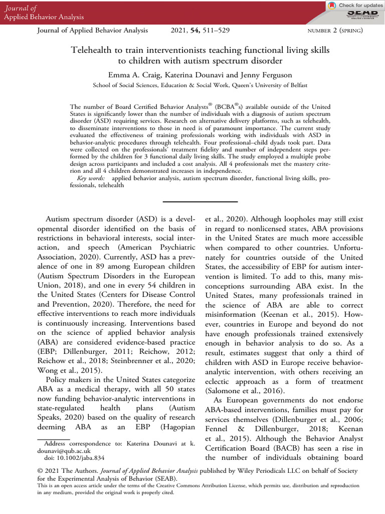 J of App Behav Analysis - 2021 - Craig - Telehealth To Train Interventionists Teaching ...
