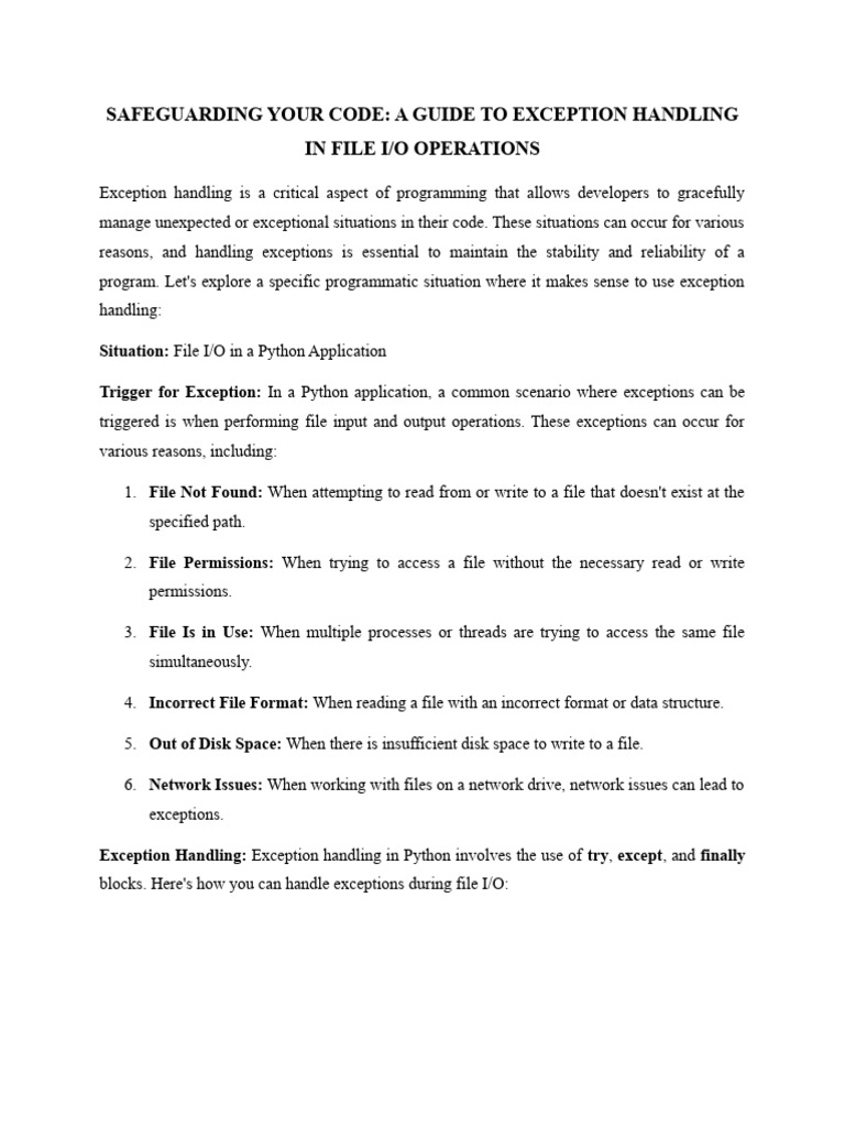 Safeguarding Your Code A Guide To Exception Handling In File Input Output Operations Pdf