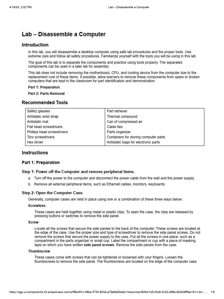 Lab - Disassemble A Computer | PDF | Screw | Hard Disk Drive