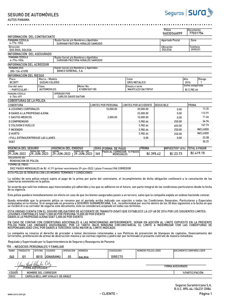 Poliza Suhan Hirando 2022-2023 | PDF | Póliza de seguros | Seguro de vehículo