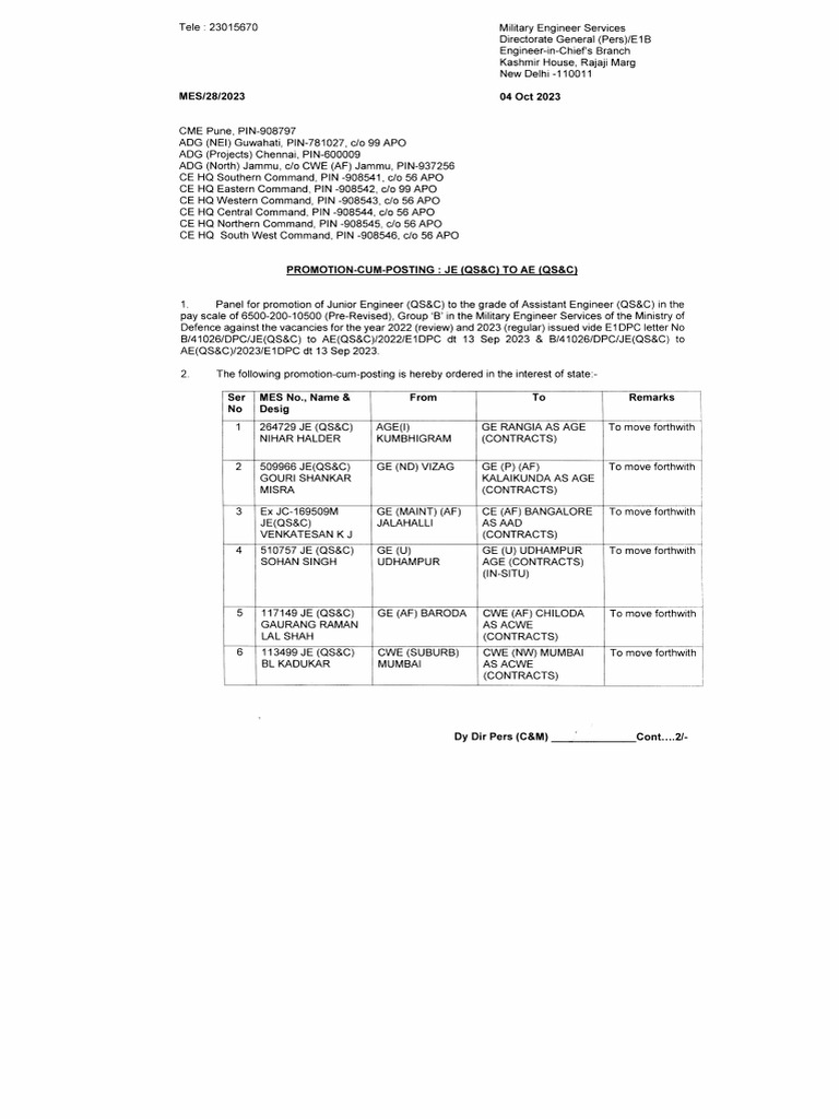 MES JE to AE Promotion Orders 2023 | PDF | Military | Military Organization