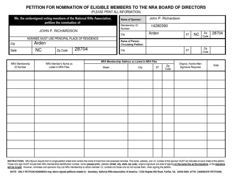 NRA Board of Directors Nomination Petition | PDF | National Rifle ...