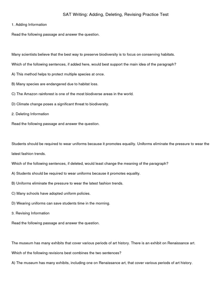 SAT Writing Adding Deleting Revising Test | PDF | Science & Mathematics