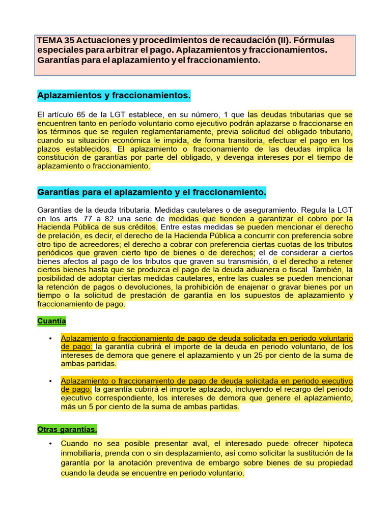 C1 TEMA 35 Actuaciones y procedimientos de recaudación (II). Fórmulas especiales para arbitrar ...