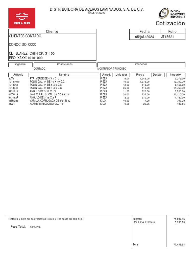 Cotización de Materiales de Construcción | PDF