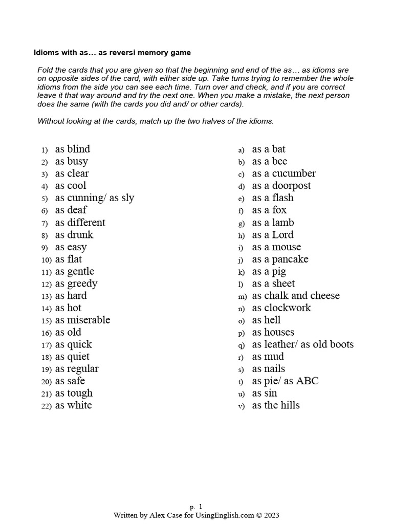 Idioms With As As Reversi Memory Game | PDF