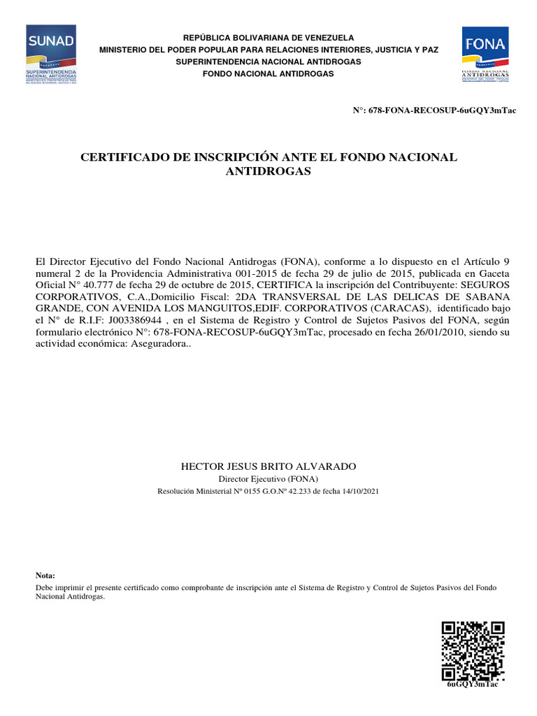 Certificado de Inscripcion | PDF