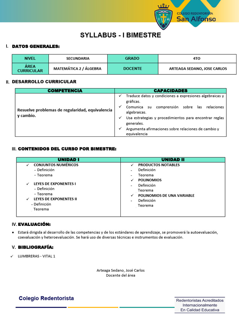 Syllabus 4TO - Álgebra | PDF | Evaluación | Álgebra