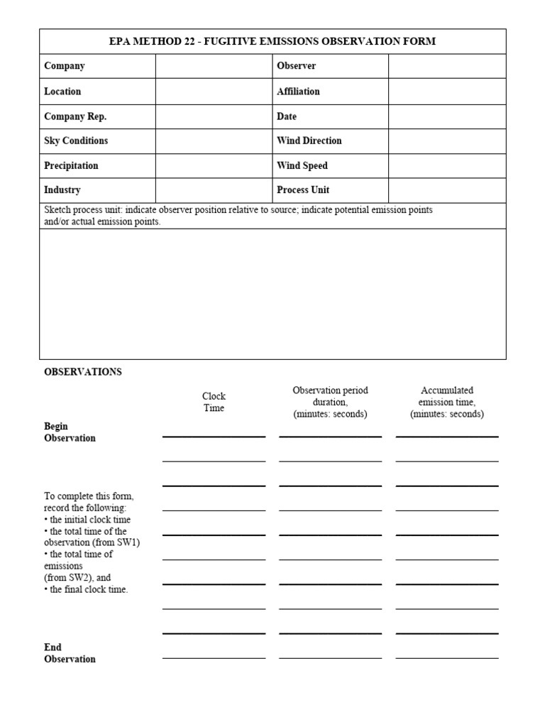 Epa Method 22 - Fugitive Emissions Observation Form | PDF | Lighting | Dust