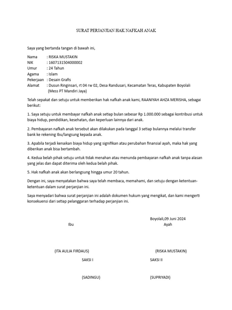Surat Perjanjian Hak Nafkah Anak | PDF