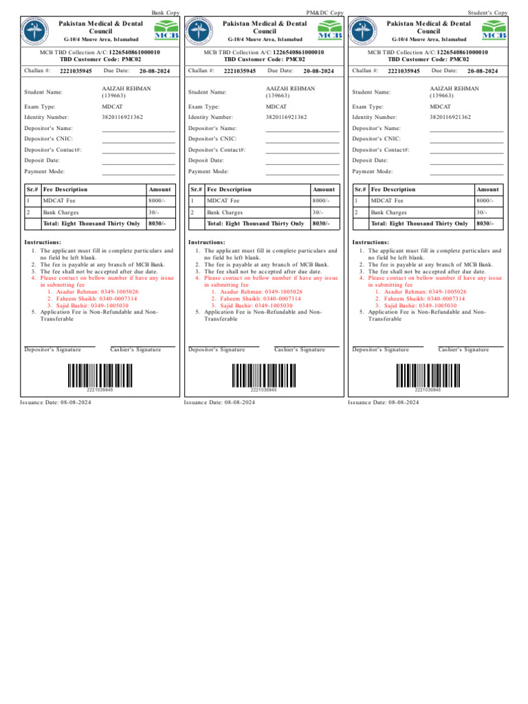 MDCAT Fee Payment Instructions 2024 | PDF | Deposit Account | Service Industries